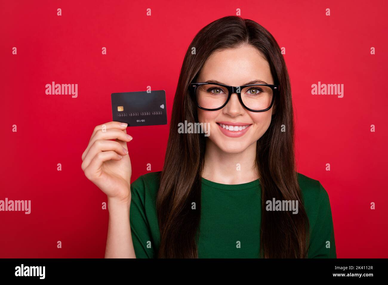 Photo of attractive girl bank employee credit card promo wear trendy ...