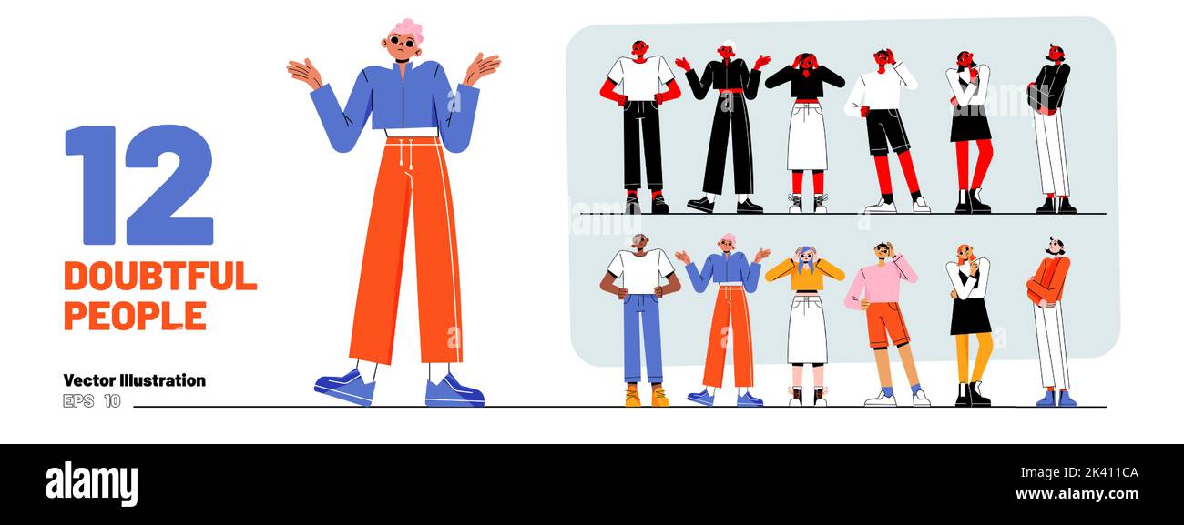 Set of doubtful people, puzzled pensive men and women in doubt thinking ...