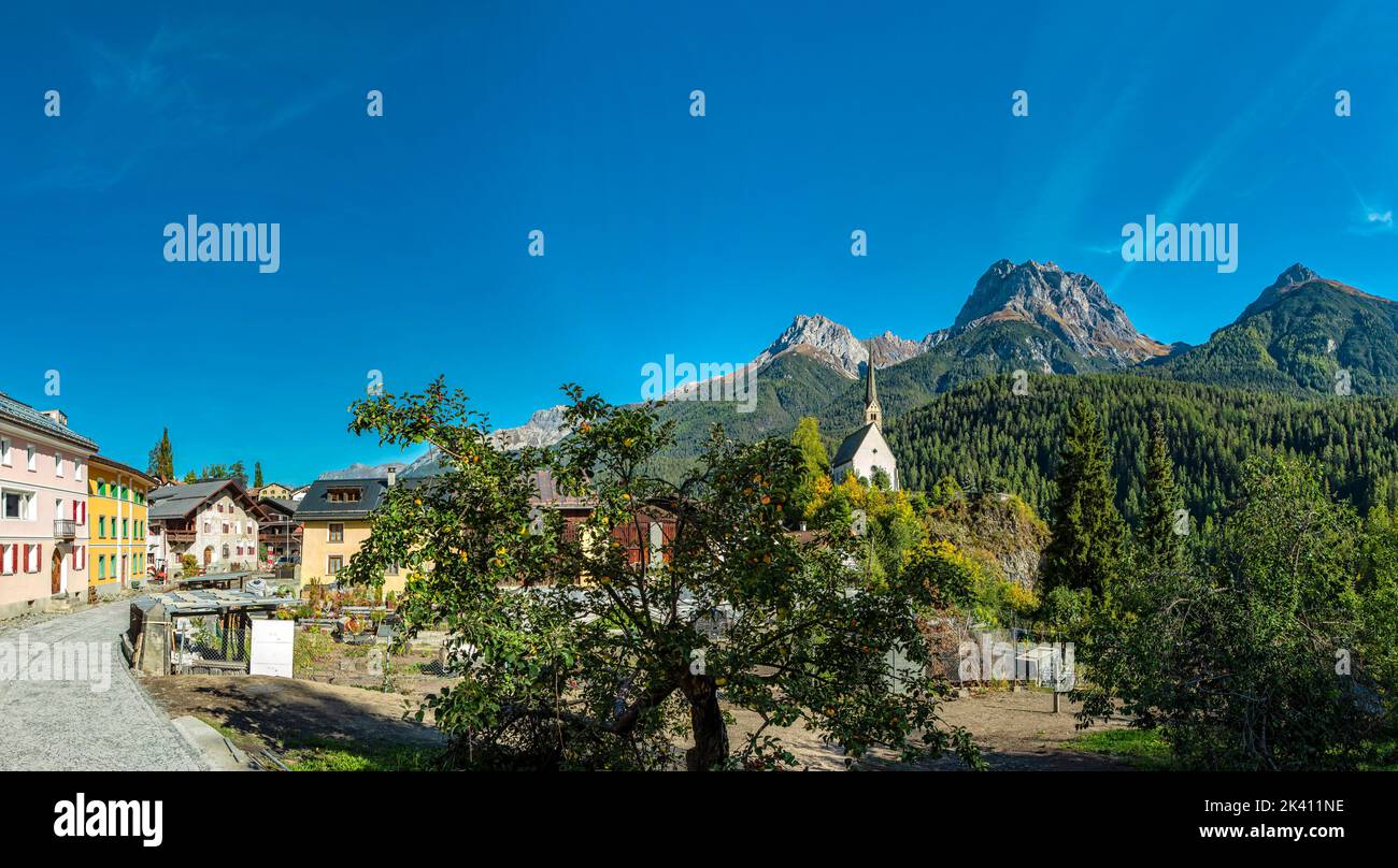 Houses at the Chantröven, church, Piz Lischana *** Local Caption ...