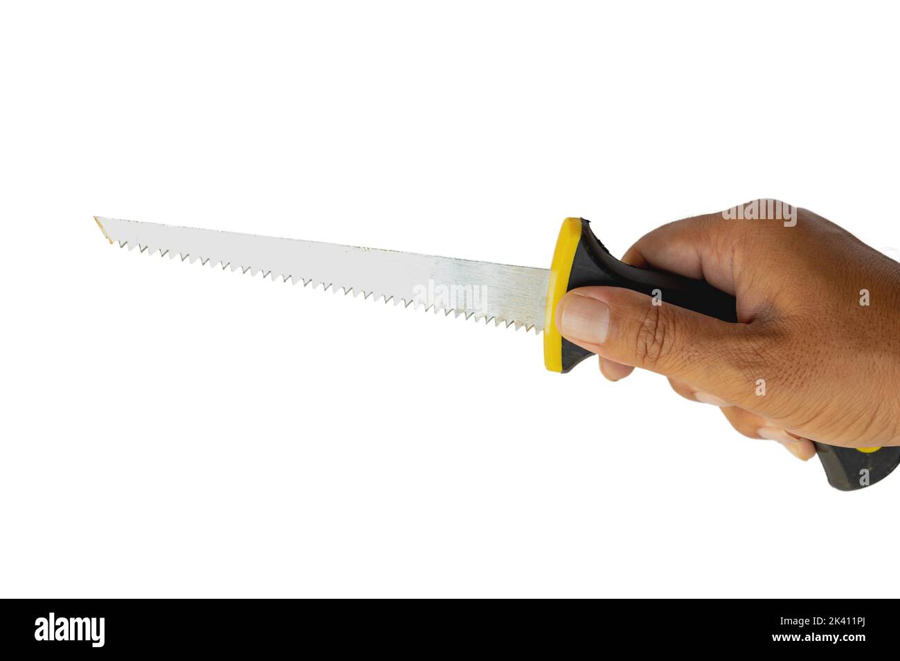 Small hand saw holding in hand on isolated white background Stock Photo ...