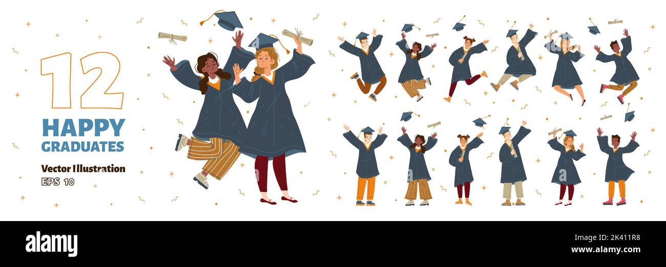 Set of 12 happy graduates isolated on white background. Excited teen ...