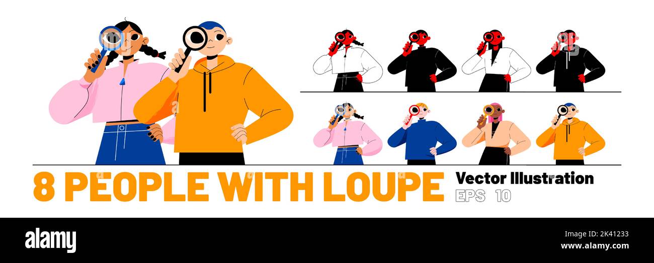 Set of people with loupe, male and female characters look through ...