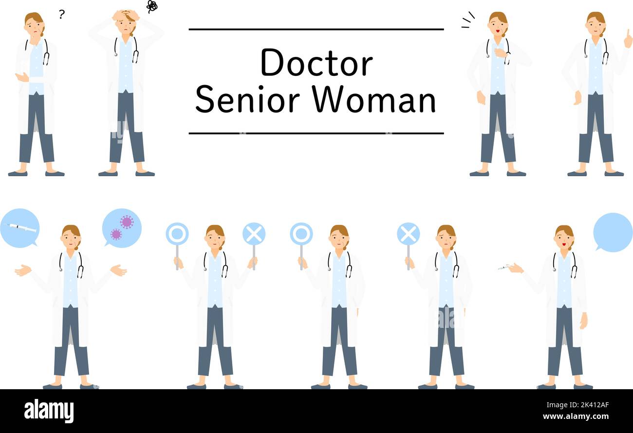 Senior female doctor in white coat pose set, questioning, puzzling ...