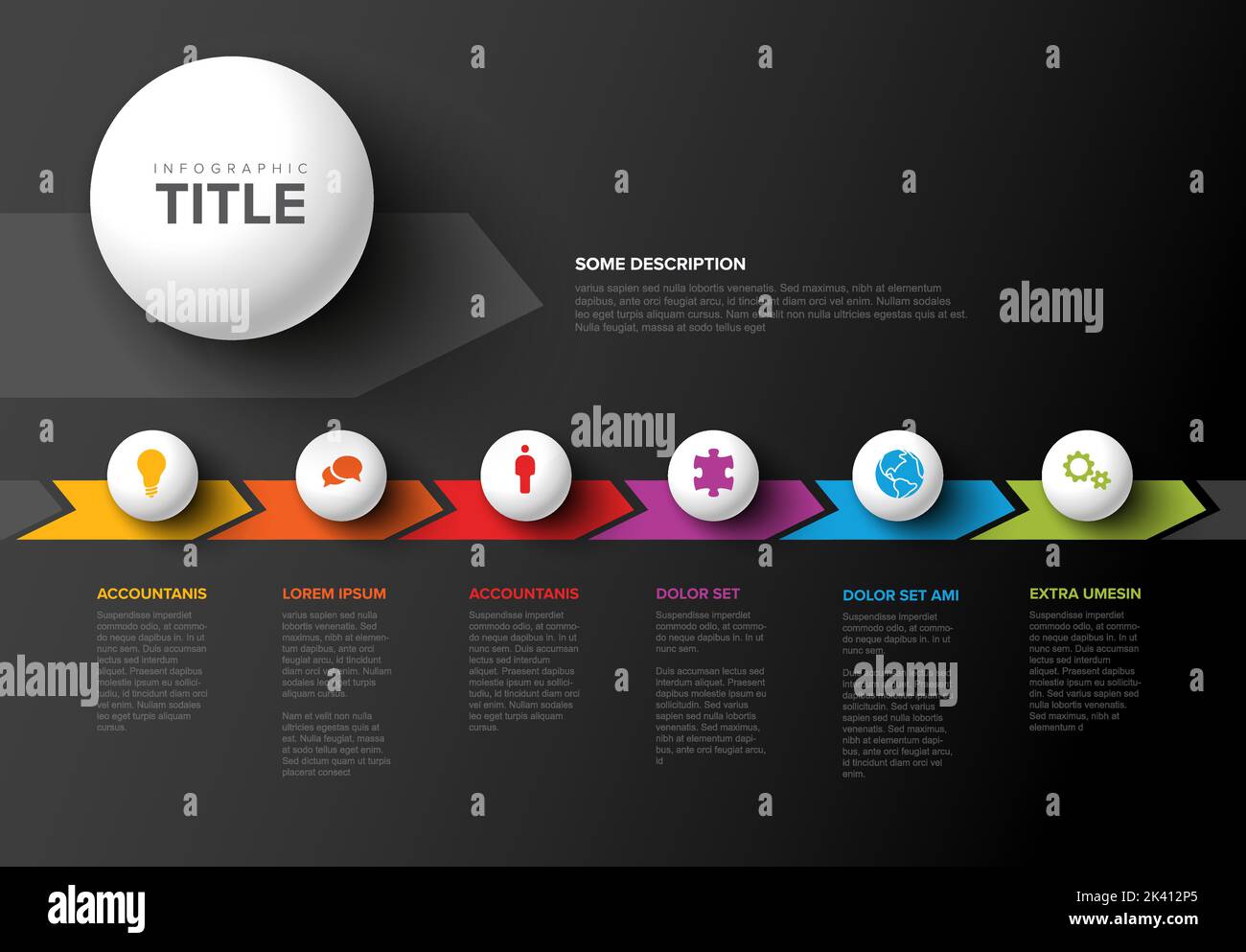 Vector dark progress steps template made from six light spheres with ...