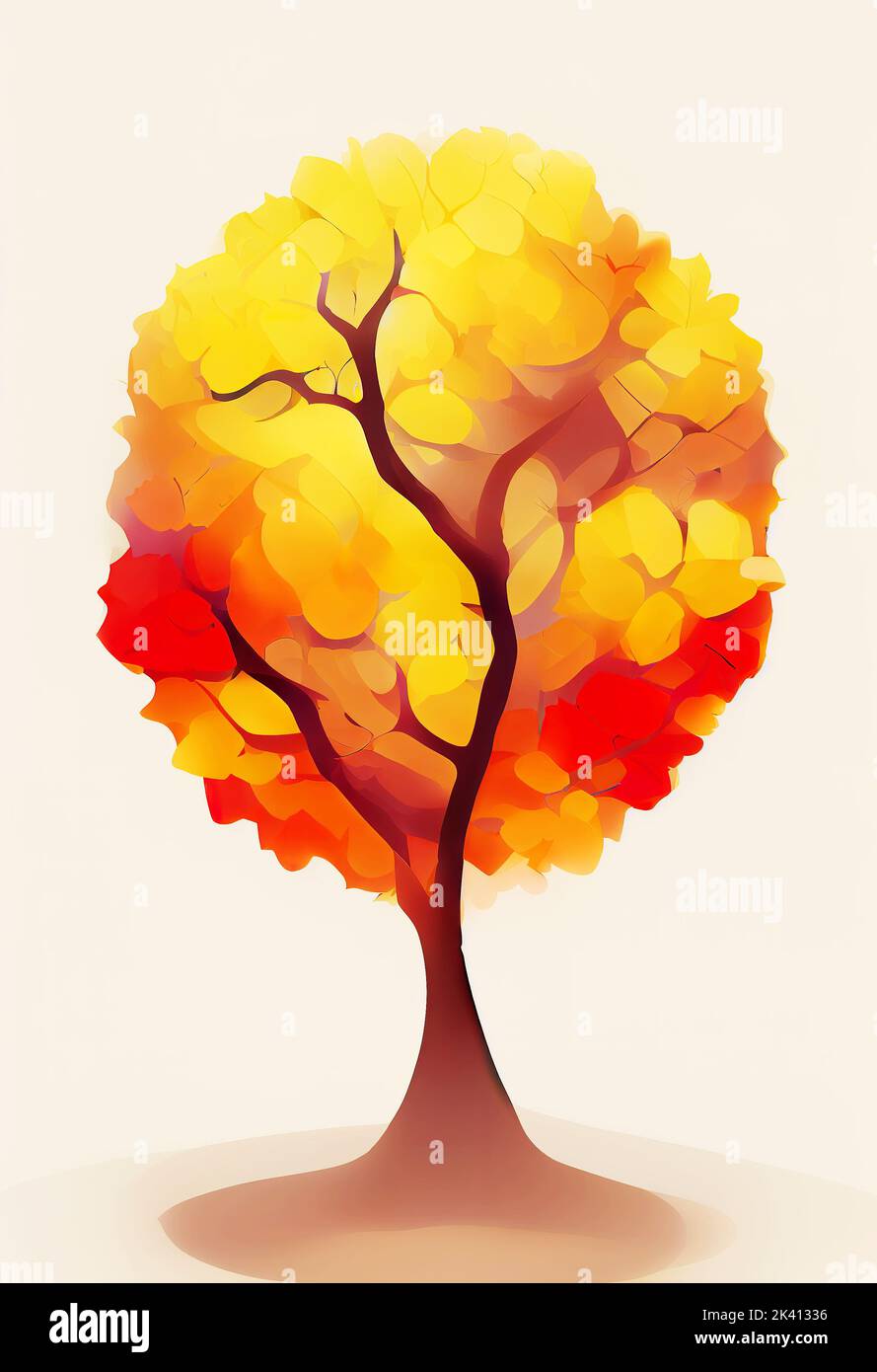 Beautiful autumn tree with lush foliage on light beige background. Flat ...