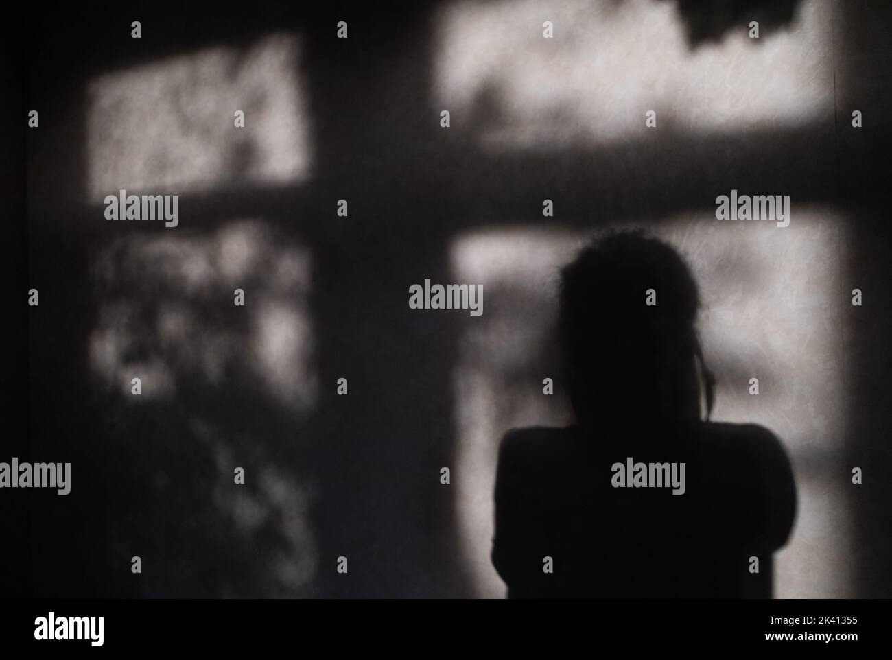 Silhouette of lonely woman at home. Unknown female person shadow on ...