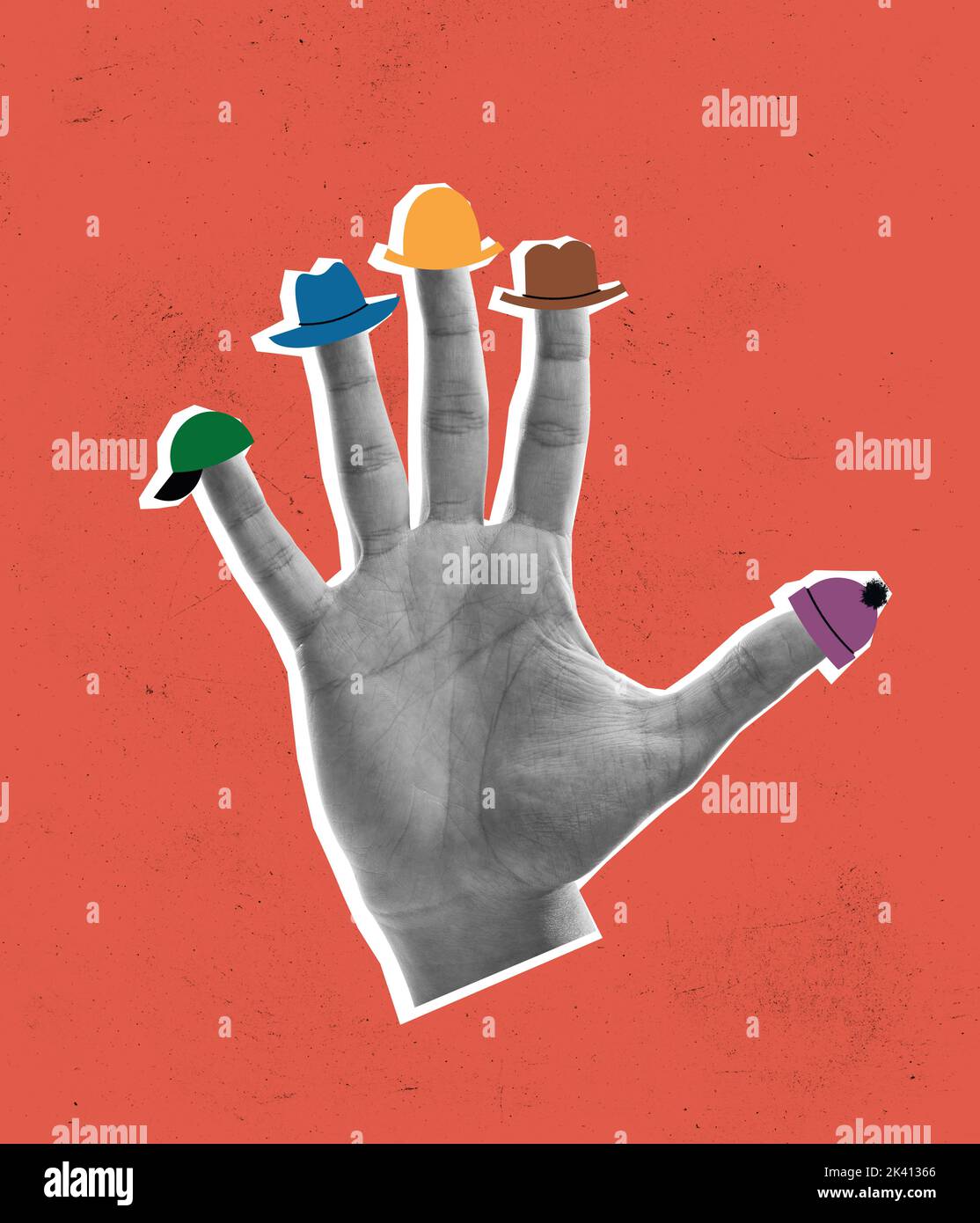 Contemporary art collage. Human hand with different hats on fingers ...