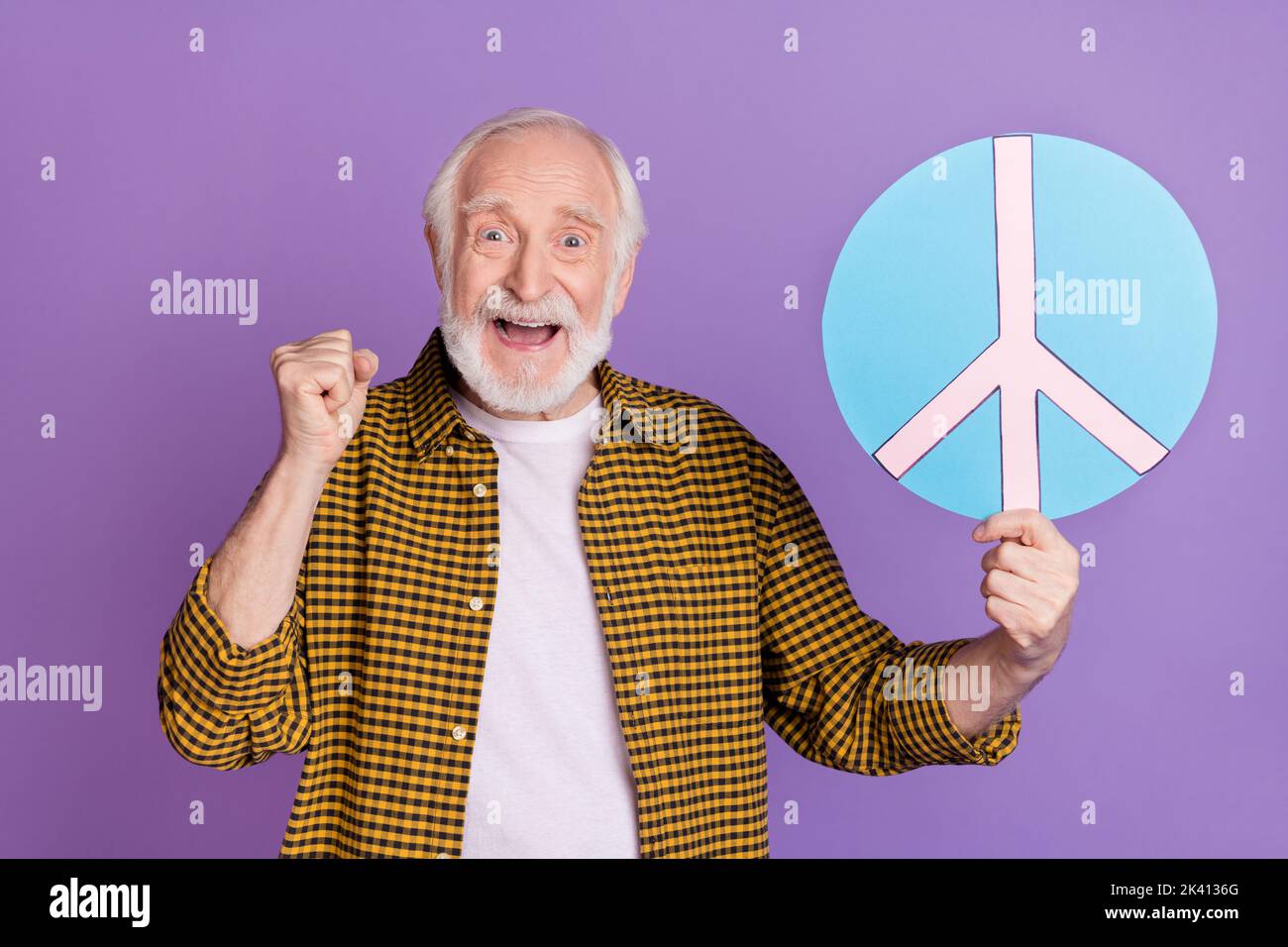 Photo of cheerful granddad white hair support peace parade dressed ...