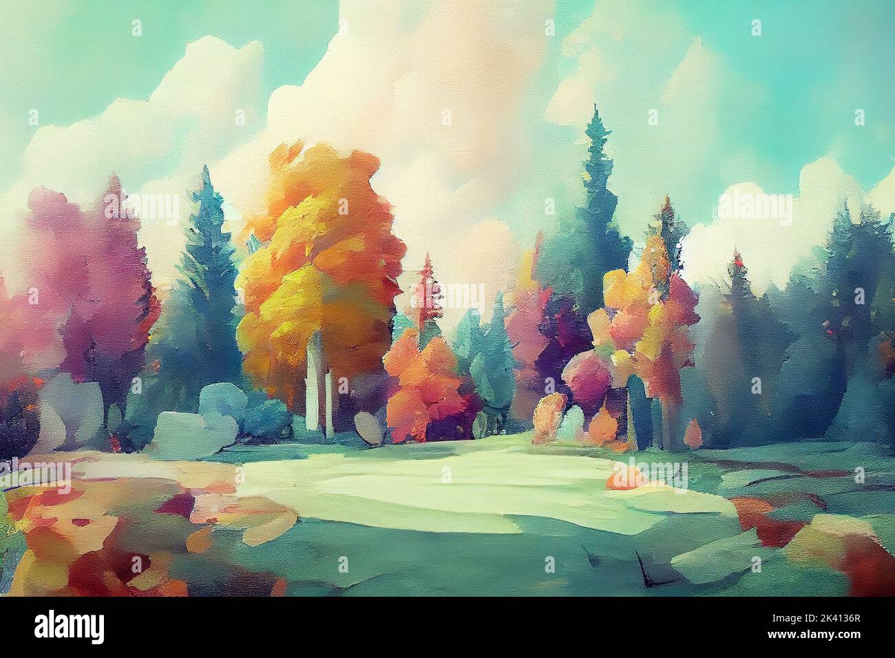 Autumn forest in soft pastel colors. Artistic effect painting with ...