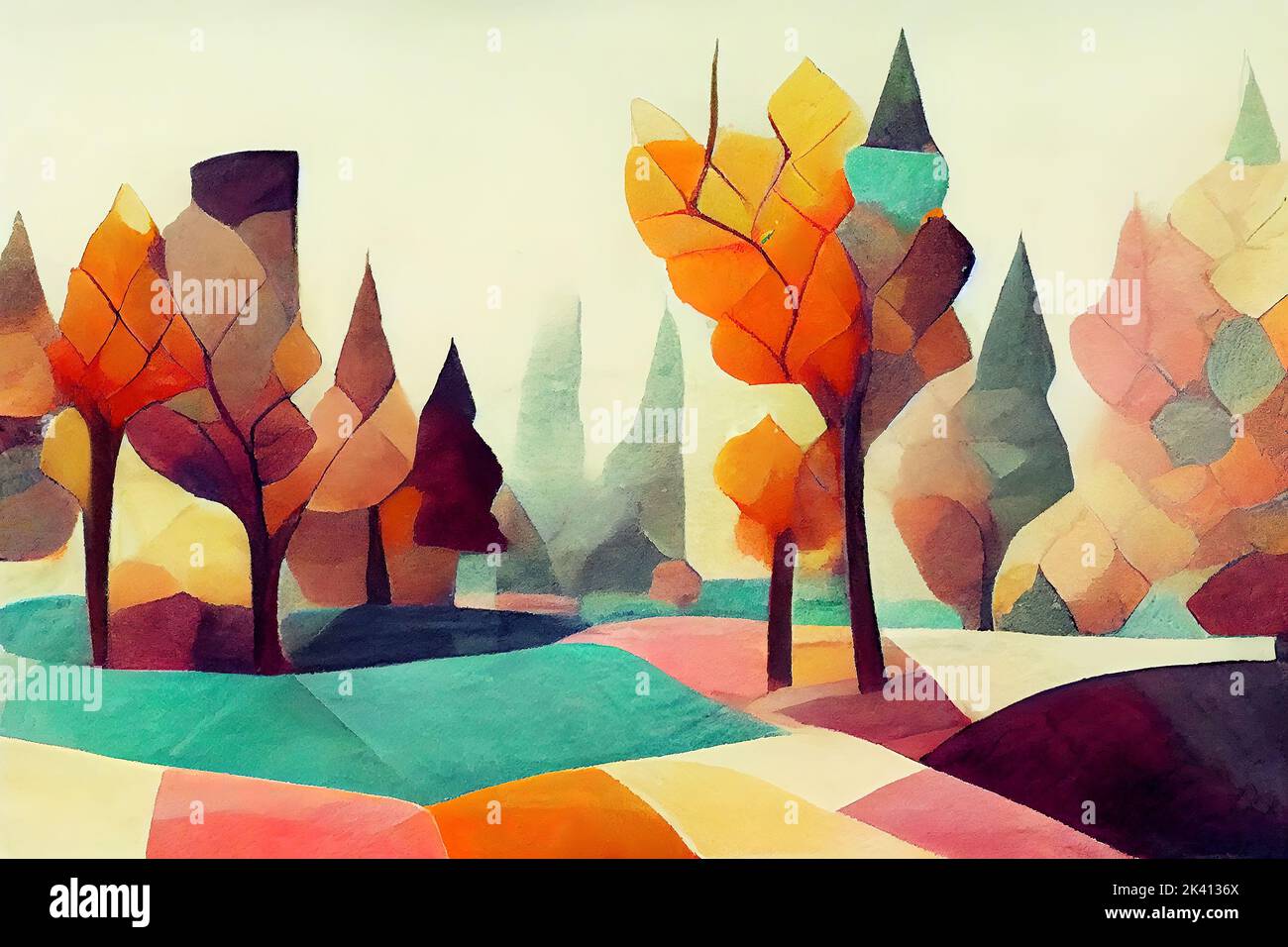 Autumn forest light pastel colors. Style Cubism. Artistic effect ...