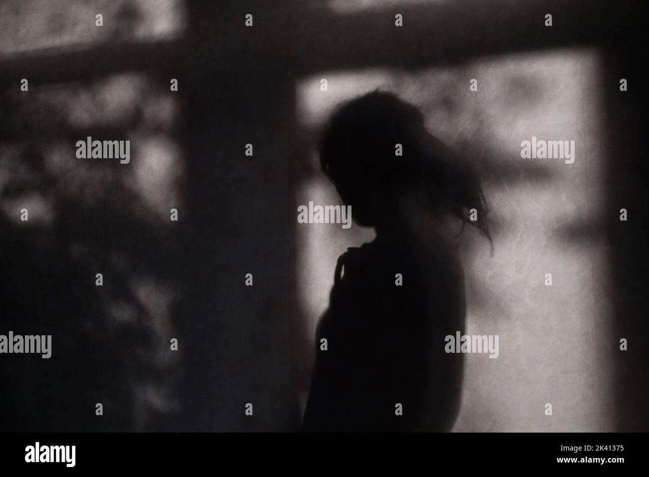 Silhouette of lonely woman at home. Unknown female person shadow on ...