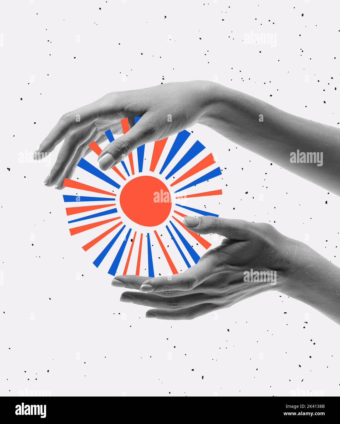 Contemporary art collage. Female hands over colorful sunny shape design ...