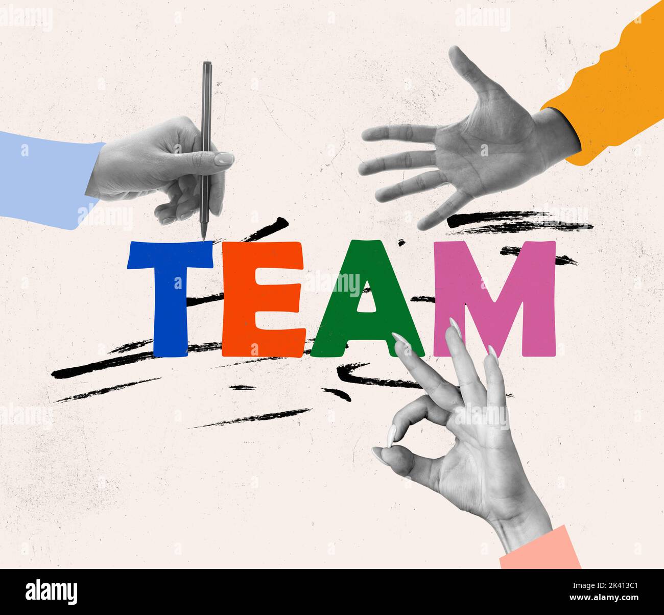 Contemporary art collage. Human hands symbolizing well-coordinated ...