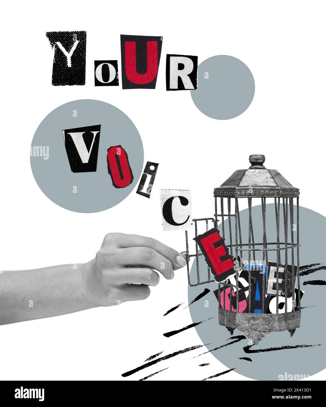 Contemporary art collage. Male hand putting human voices into bird cage ...