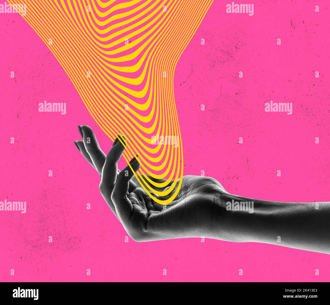 Contemporary art collage. Female hand over bright pink background with ...