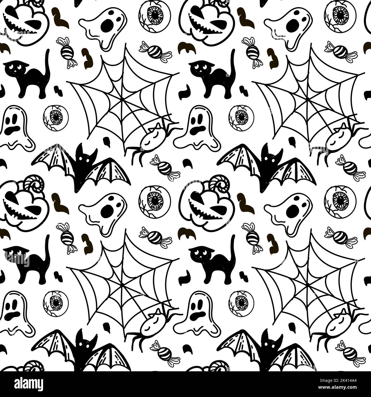 A seamless pattern of hand-drawn Halloween elements in a doodle style ...