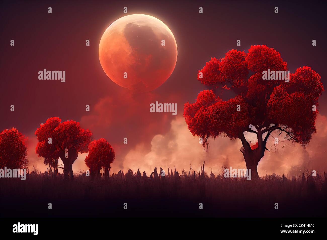 Big full moon over autumn trees. Picture in red colors. Digital ...