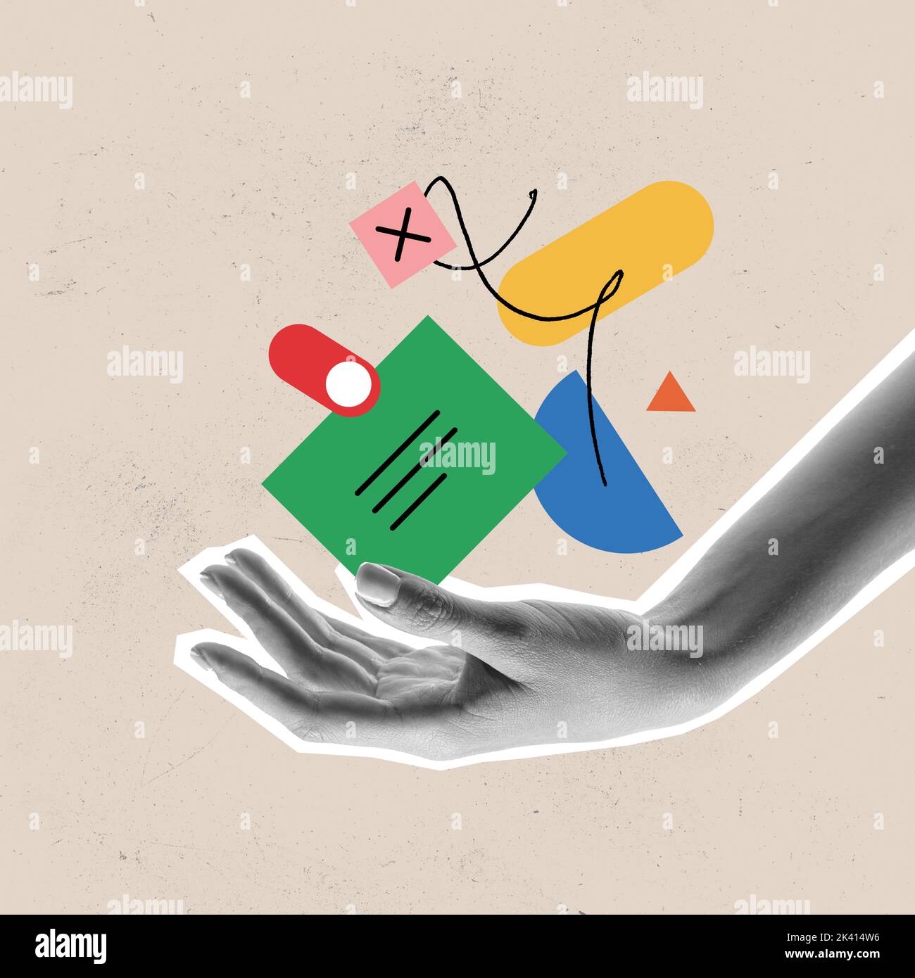 Contemporary art collage. Human hand with many widgets symbolizing ...