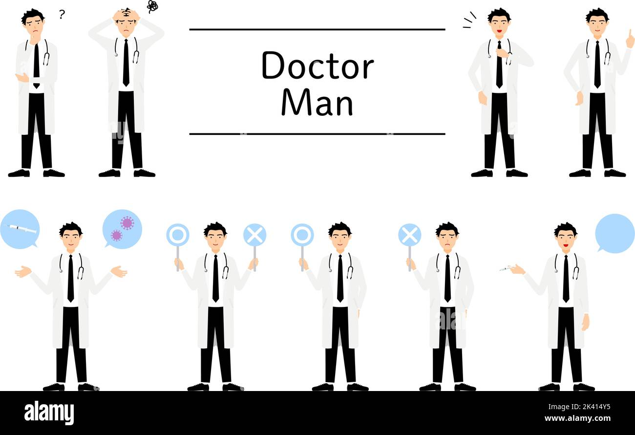Pose set of a male doctor in a white coat, questioning, puzzling ...