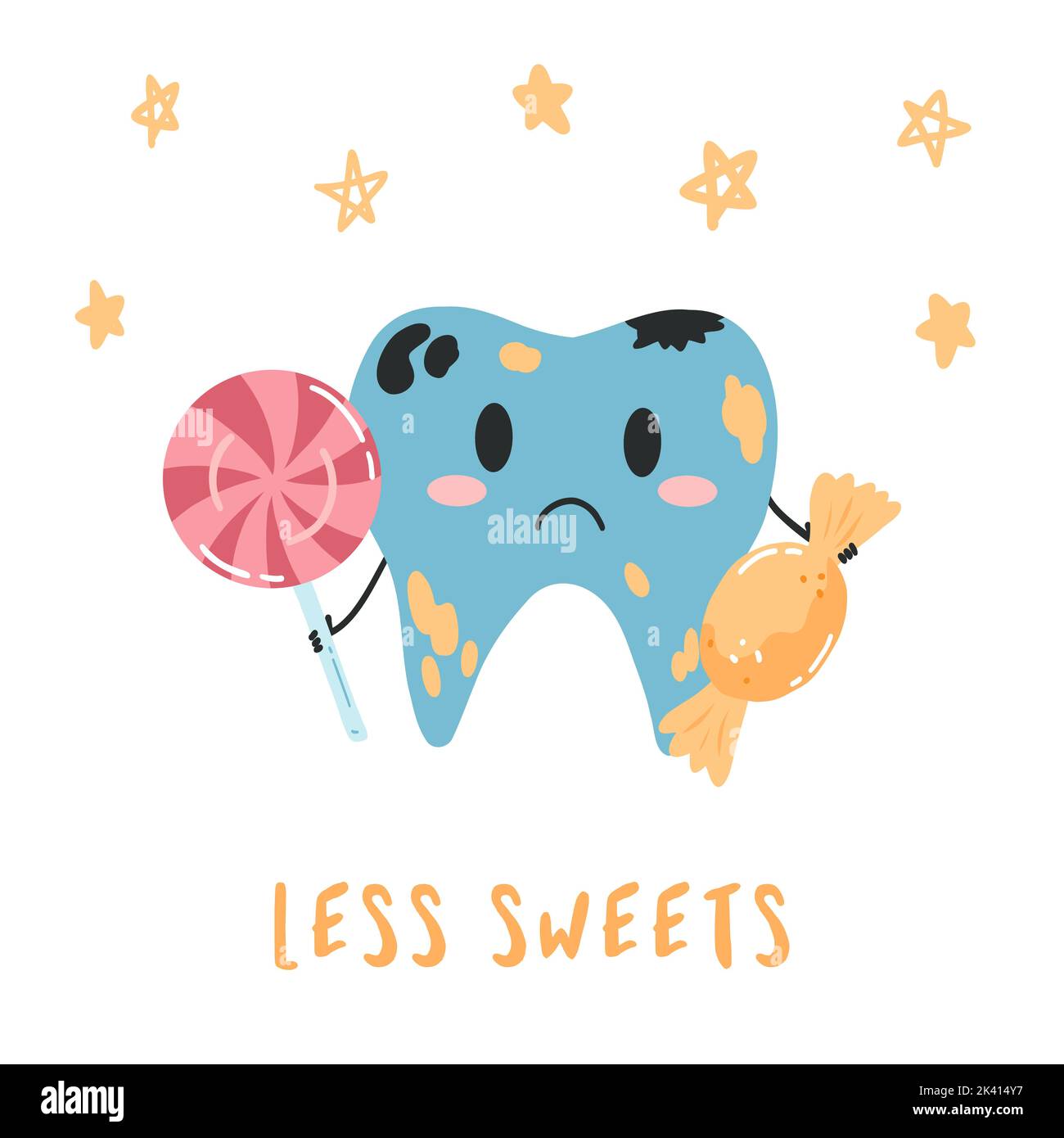 Children poster with tooth character, candies and text. Flat cartoon ...