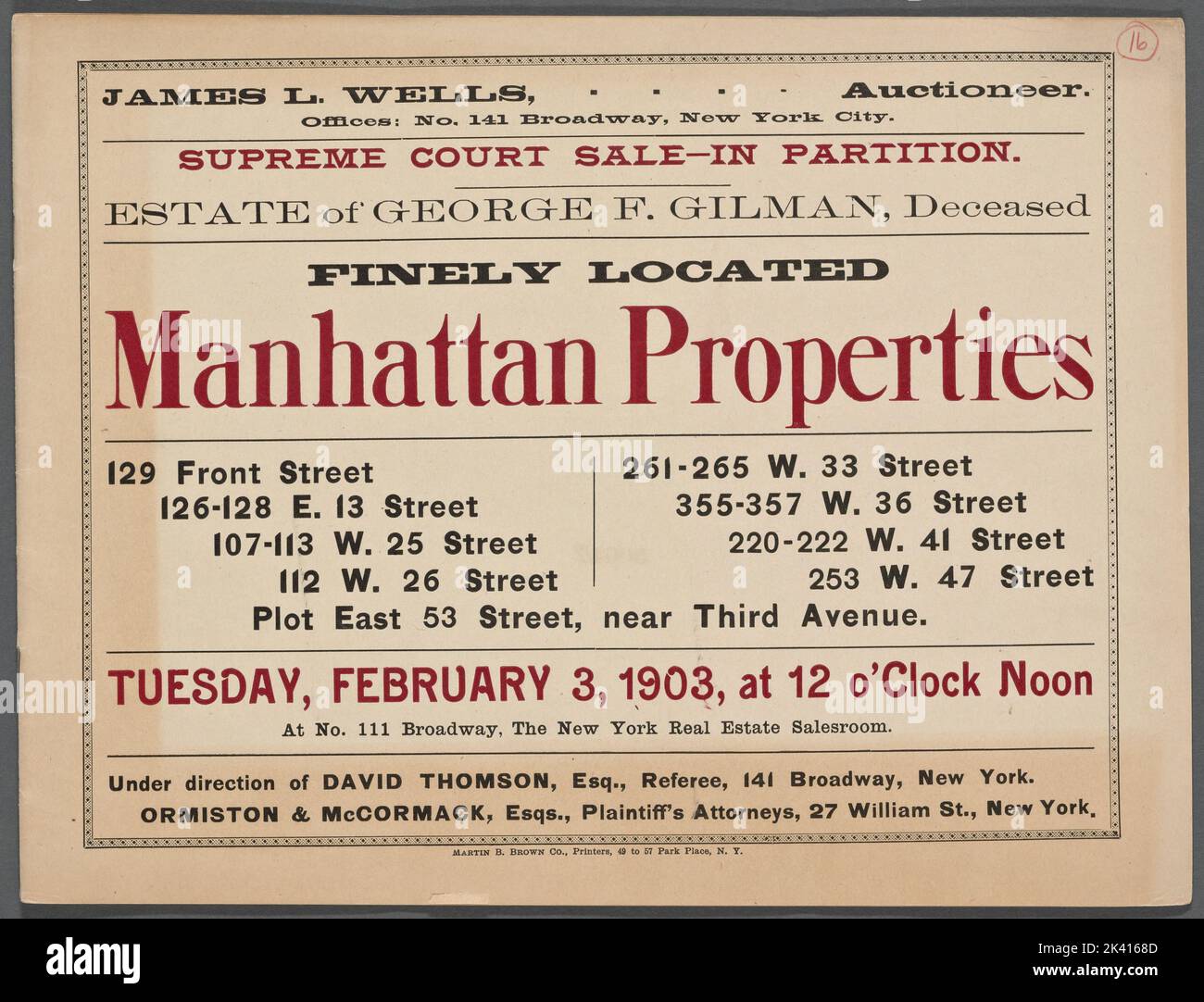 Supreme Court Sale - in Partition. Estate of George F. Gilman, Deceaed ...