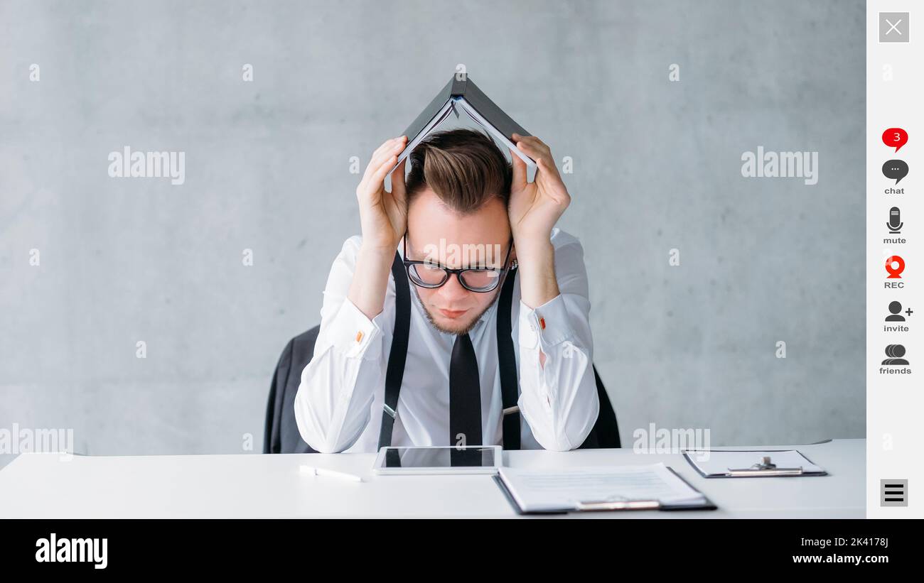 Online conference. Hiding man. Screen mockup. Displeased smart guy ...