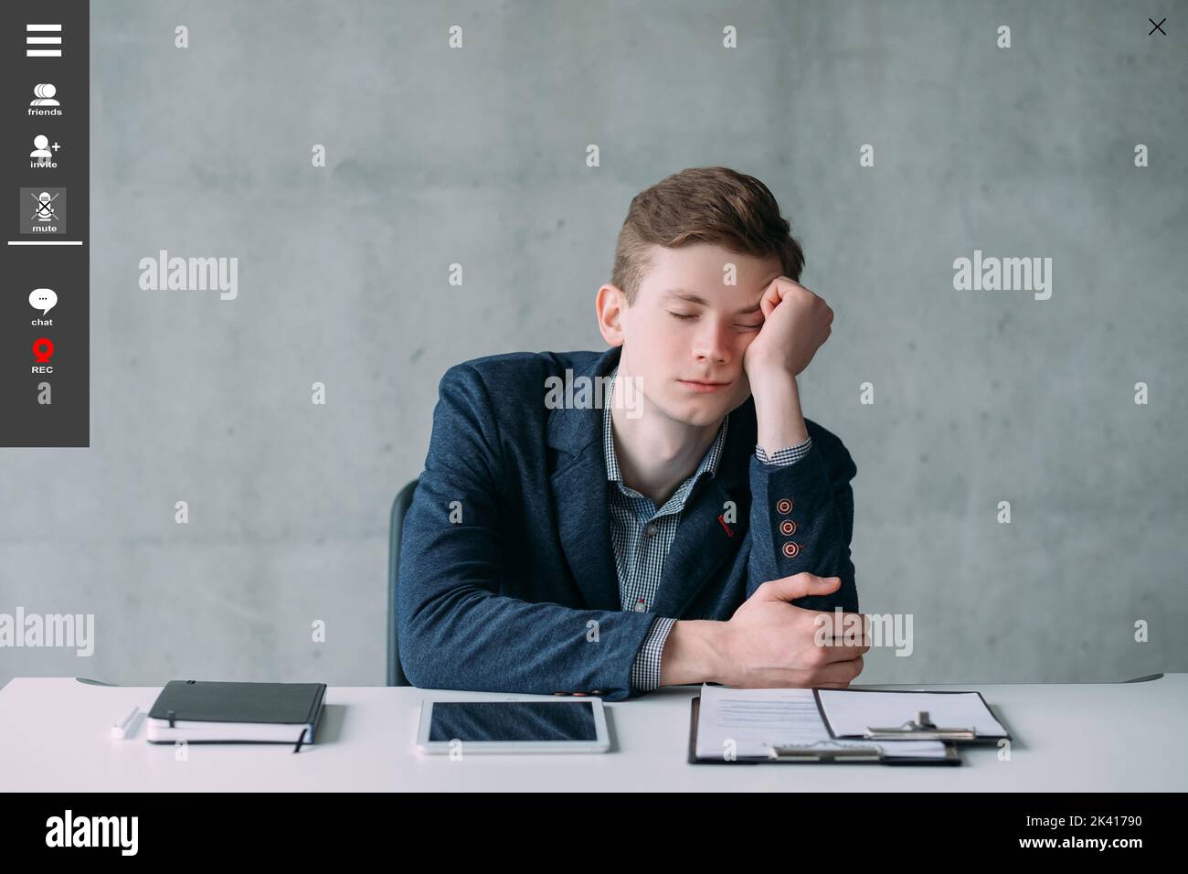 Virtual conference. Boring man. Screen mockup. Sleeping guy sitting ...