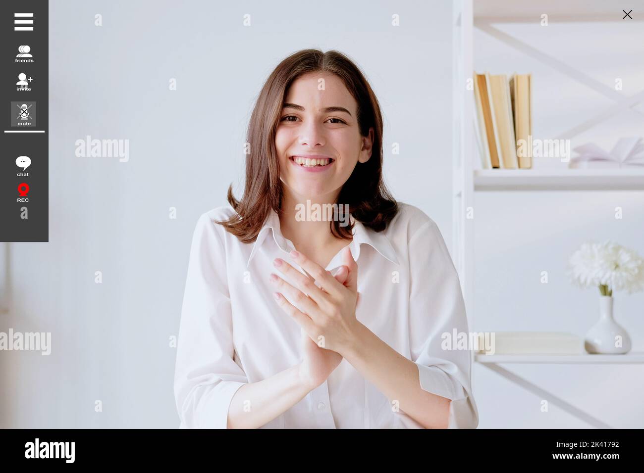 Online education. Happy woman. Screen mockup. Beautiful smiling lady ...