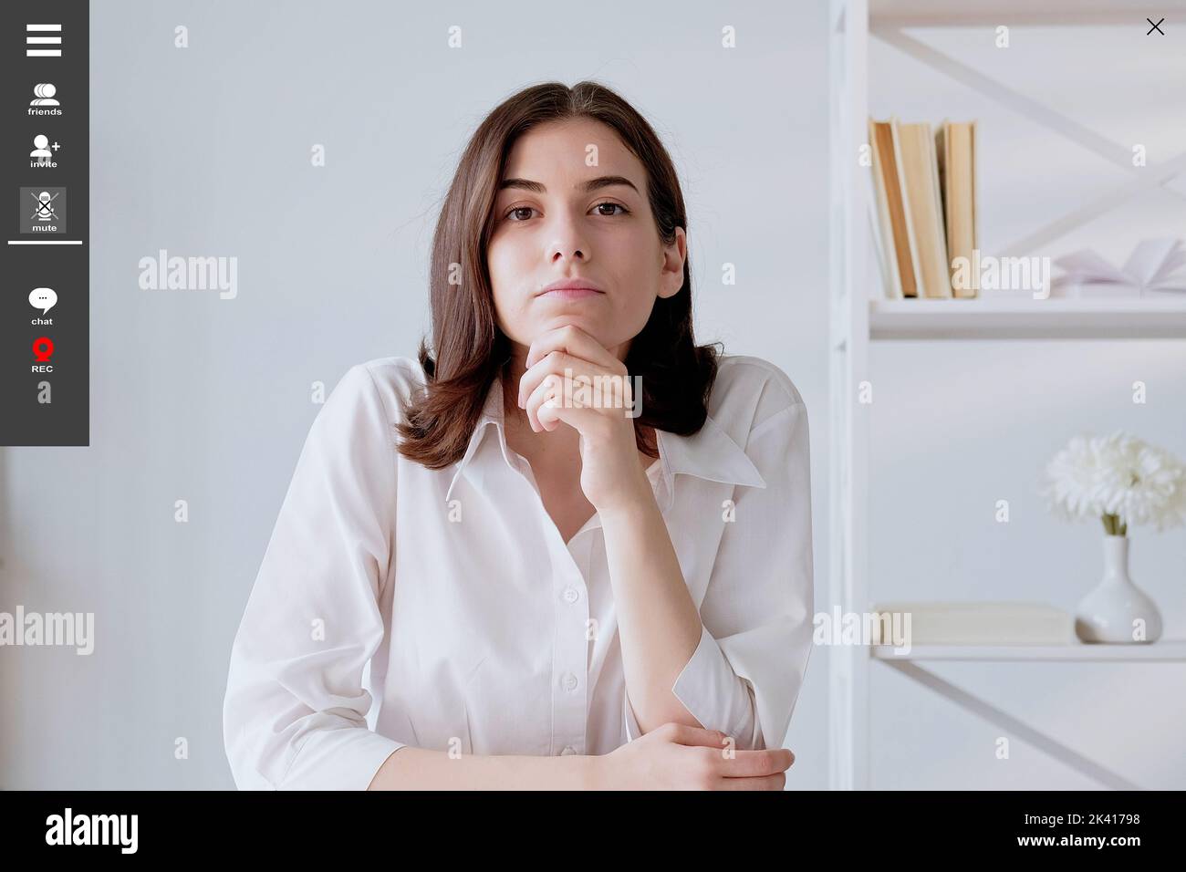 Virtual meeting. Curious woman. Screen mockup. Thoughtful interested ...