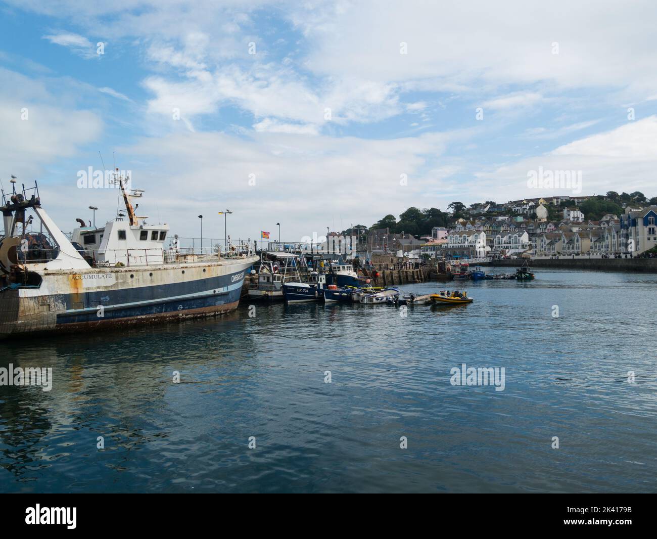 View across Brixham fishing harbour to Berry Head Road properties and ...