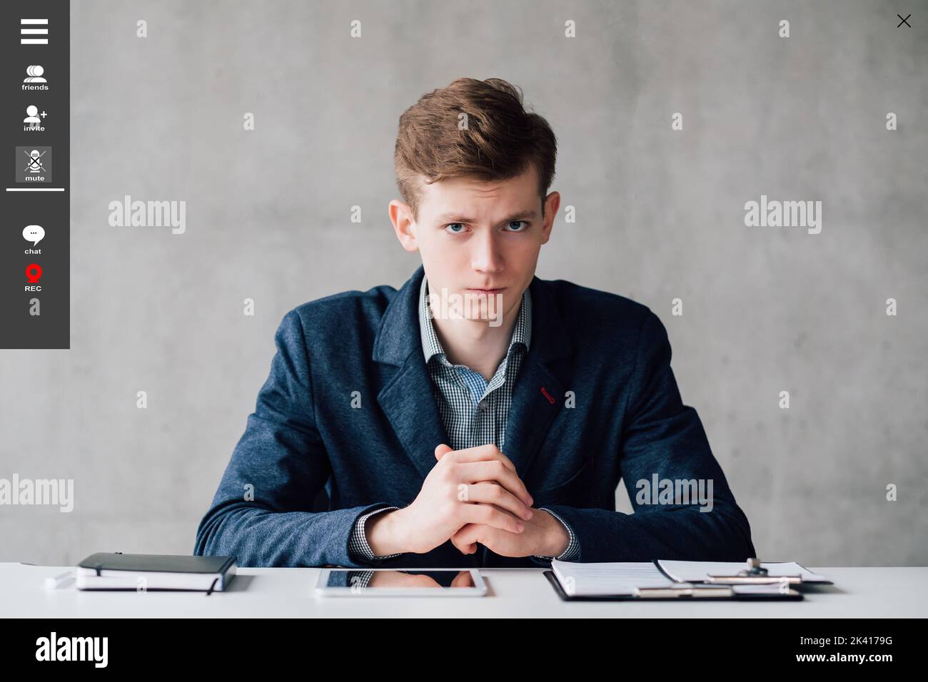 Online meeting. Displeased man. Screen mockup. Serious gloomy guy ...