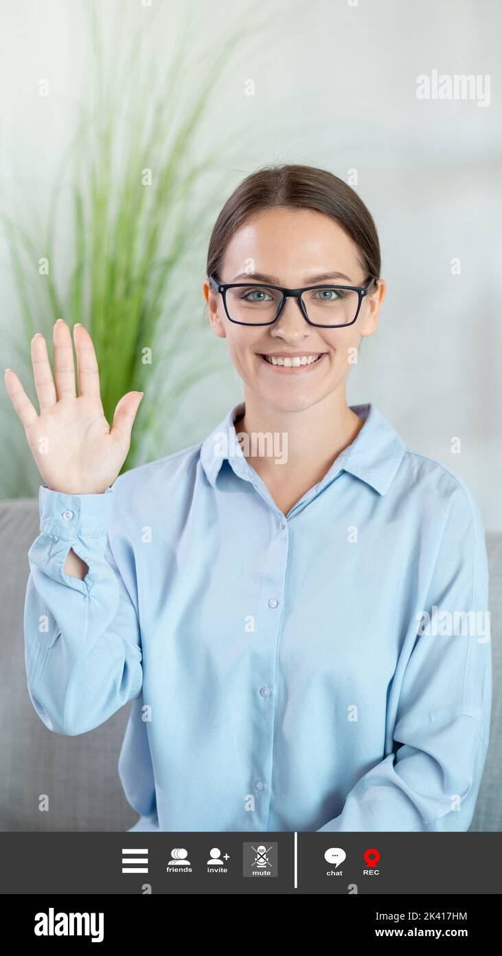 Online meeting. Greeting woman. Screen mockup. Happy pleasant lady ...