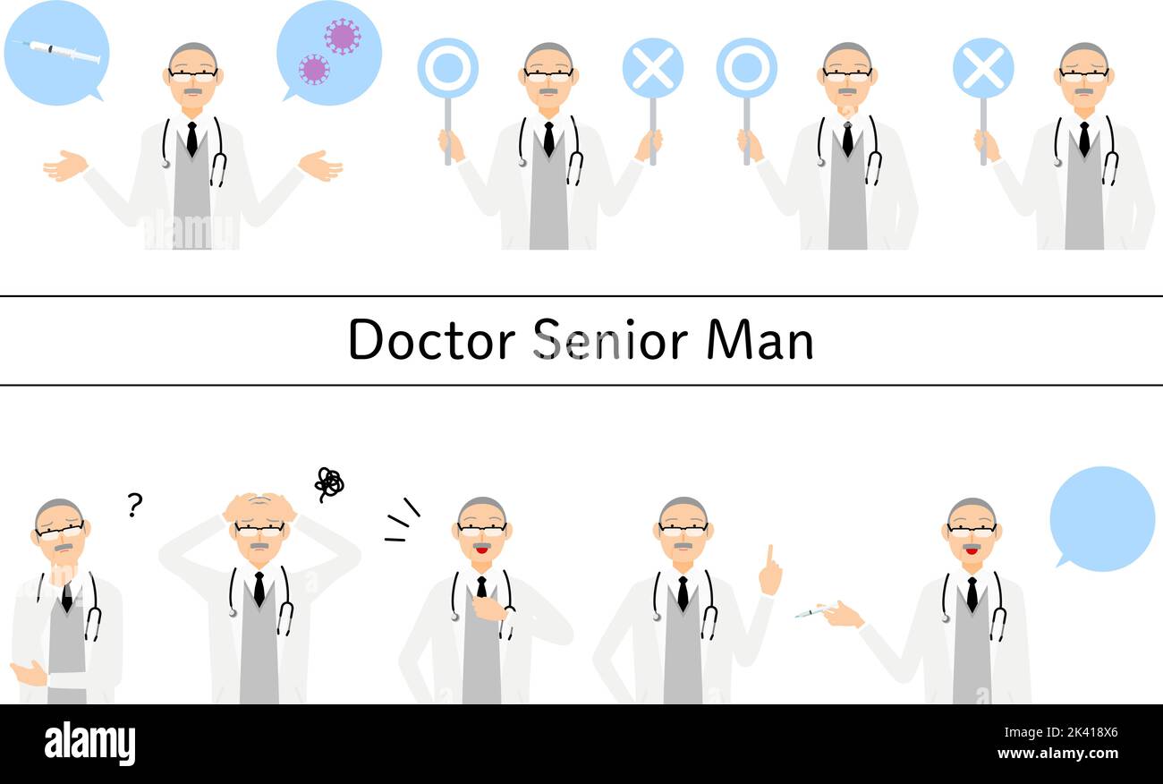 Pose set of senior male doctor in white coat, questioning, puzzling ...