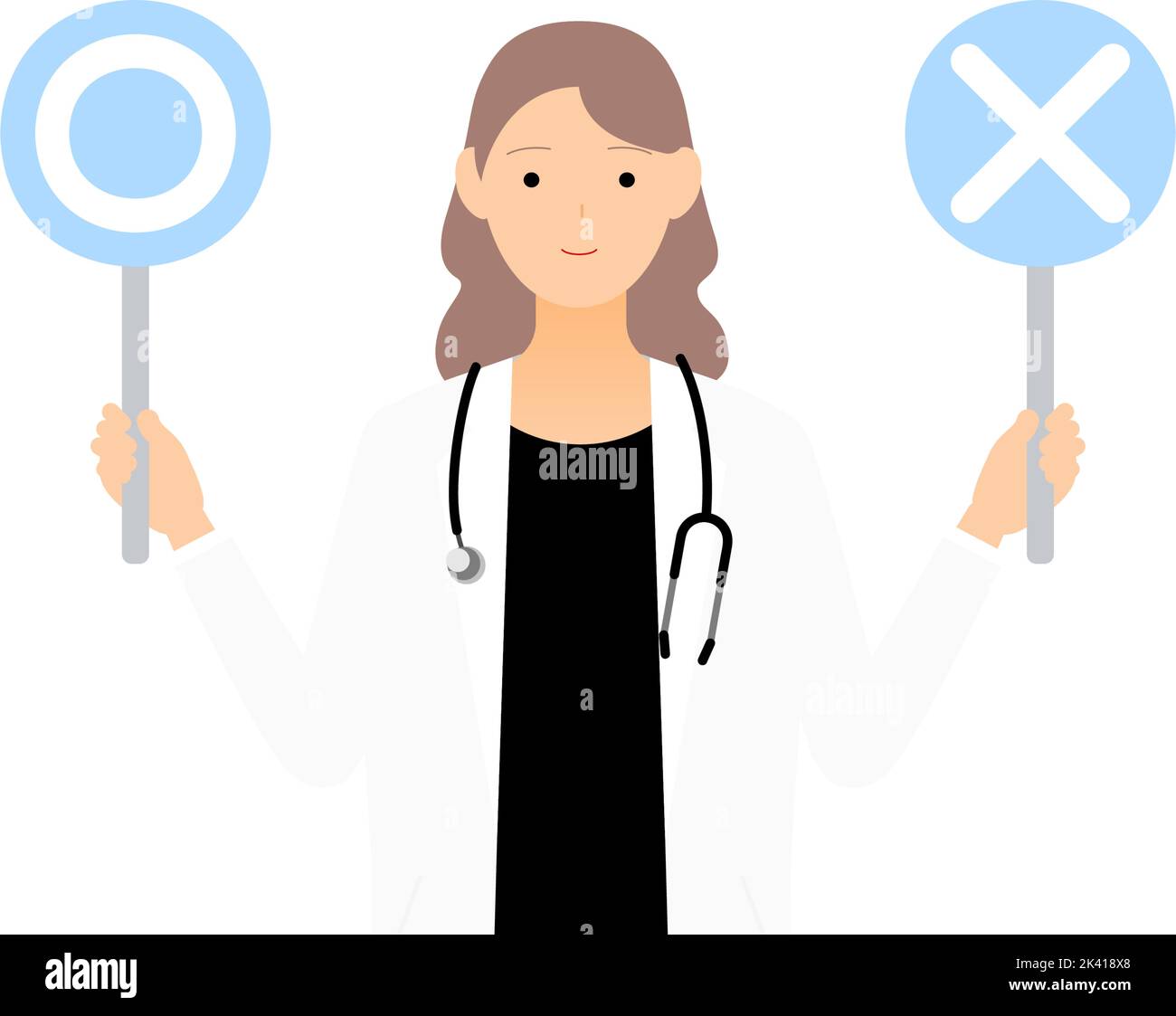 A female doctor in a white coat holds a crossed out stick in a pose of ...