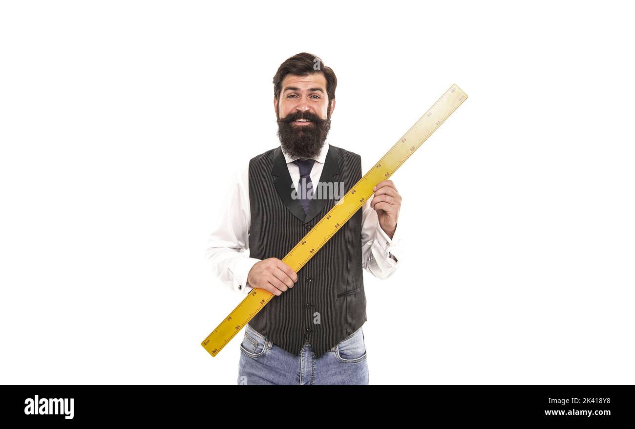 Happy school or university male teacher hold measuring tool for ...