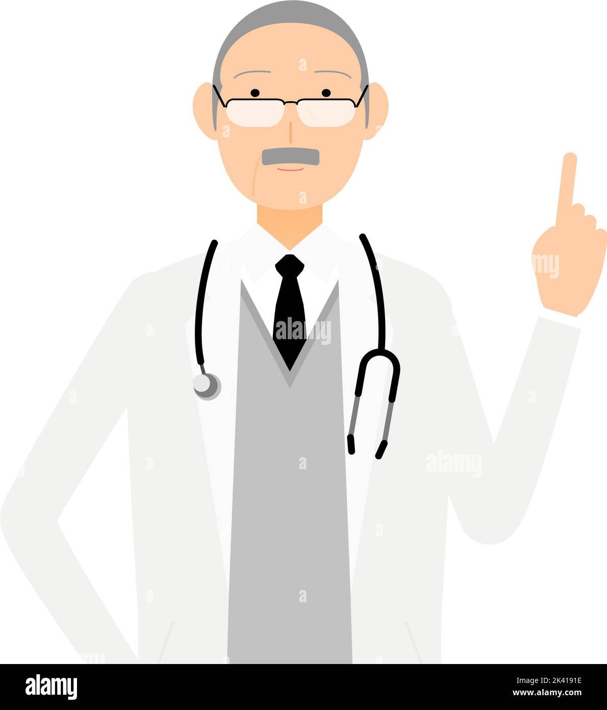 Senior male doctor in white coat holding up index finger in a pointing ...