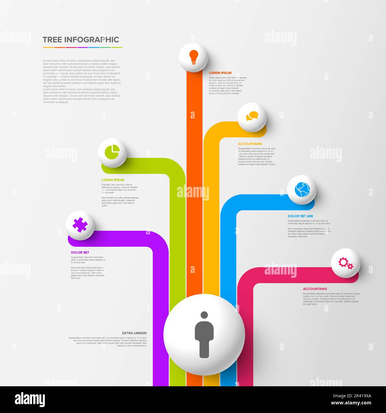 Tree infographics template with six diversity options in spheres in ...