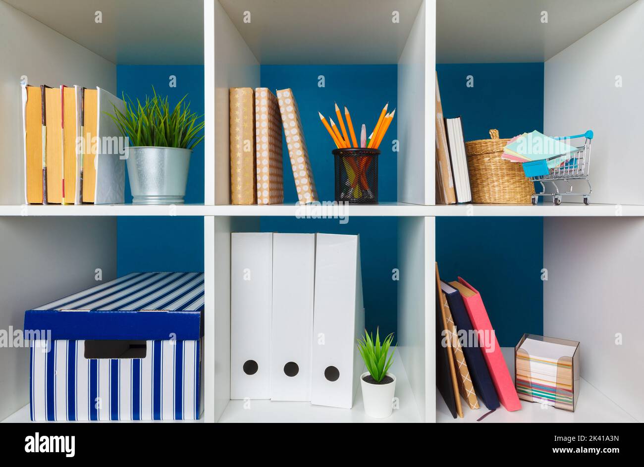 Stacks of supplies and paperwork in the office and bookshelves Stock ...