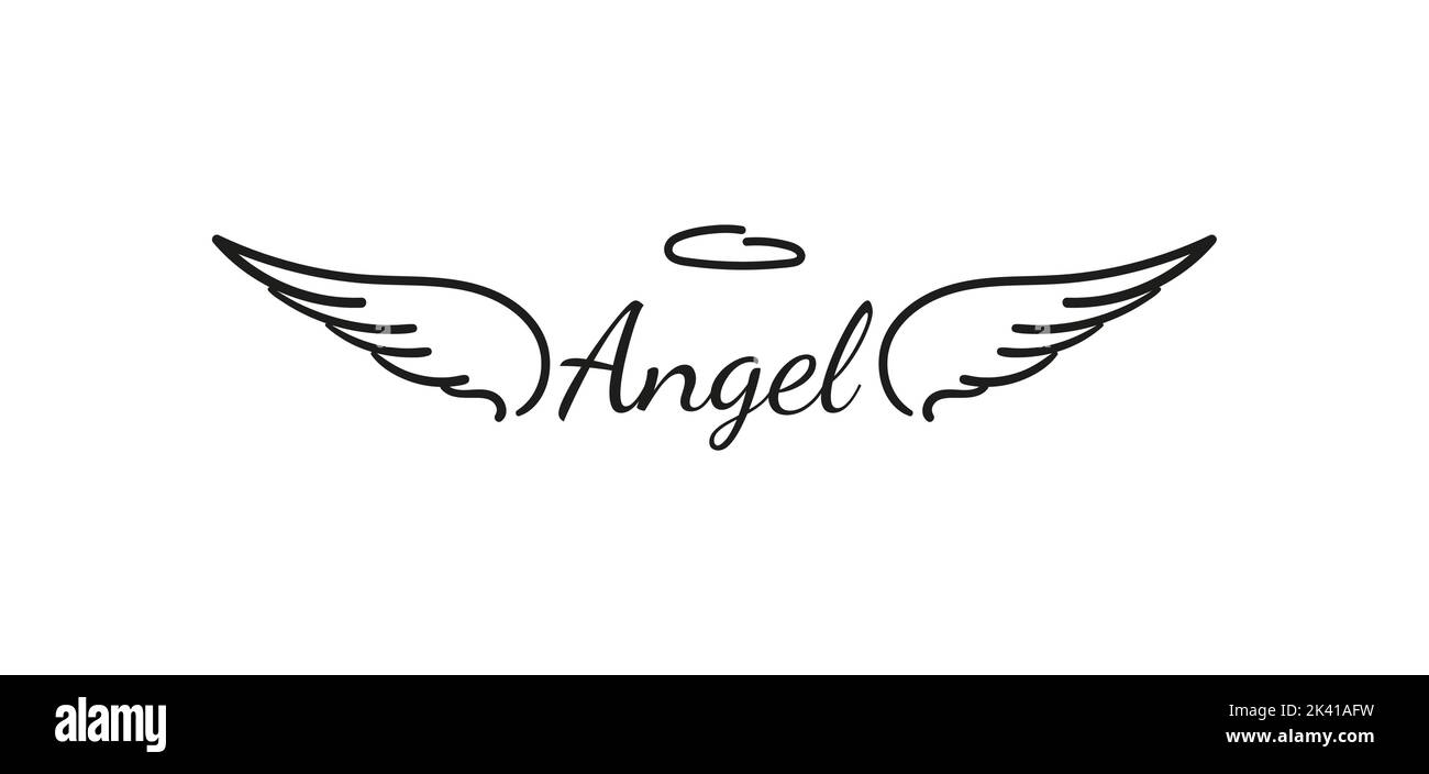 Angels wings with halo. Hand drawn vector feather angel. Handdrawn ...