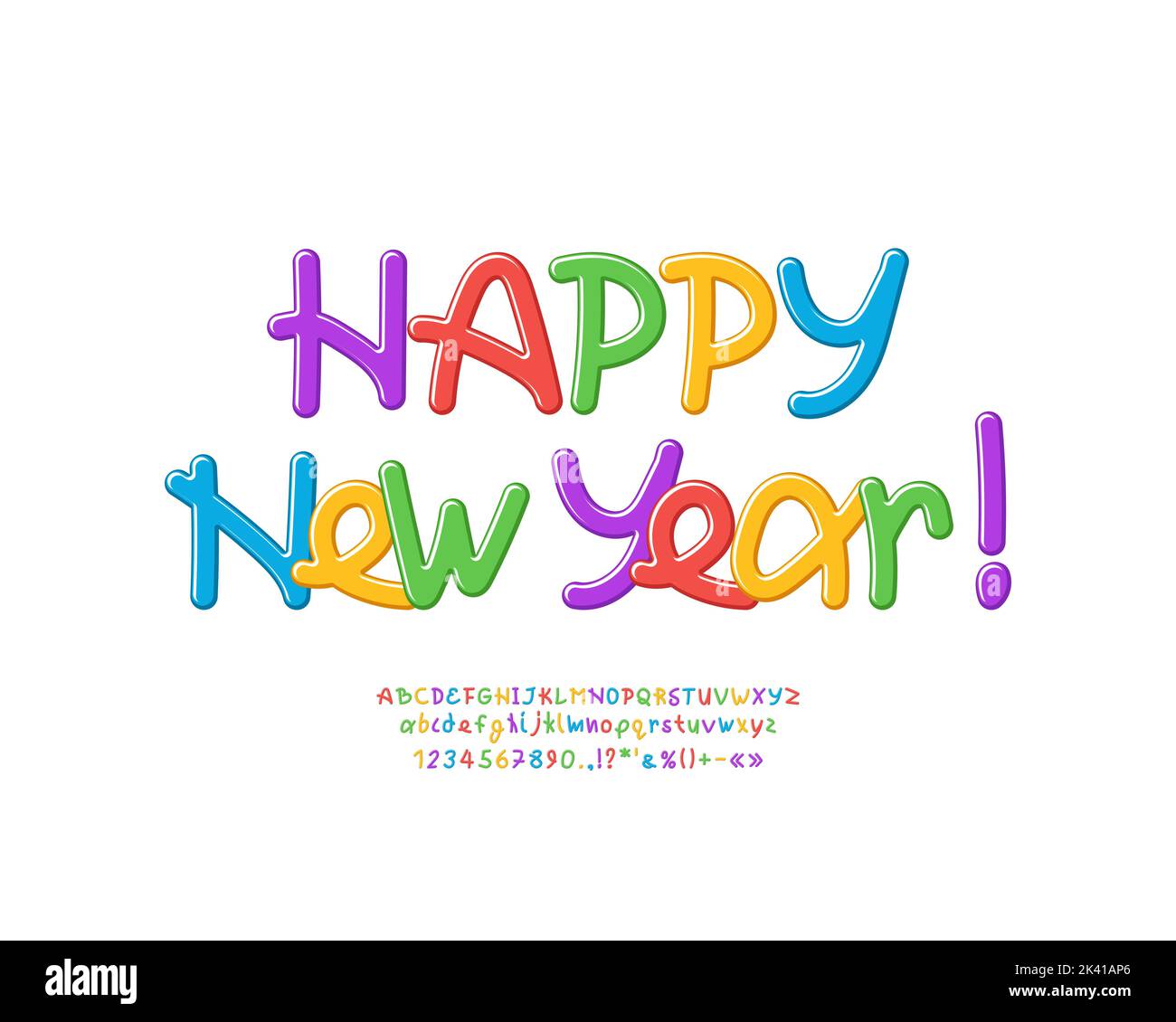 Greeting card Happy New Year with multicolor handwritten font on white ...