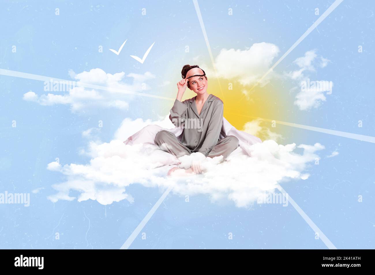 Composite collage image of peaceful calm young woman sit cloud wear ...