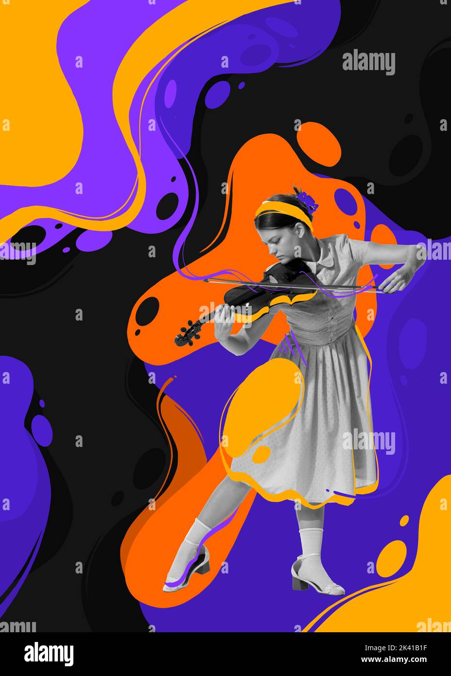 Contemporary art collage. Tender young woman playing violin, making ...