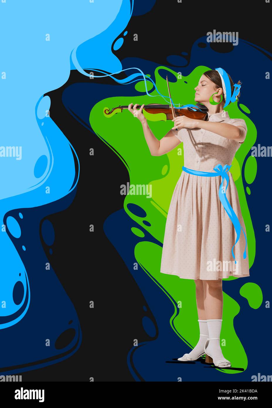Contemporary art collage. Tender young woman playing violin, making ...