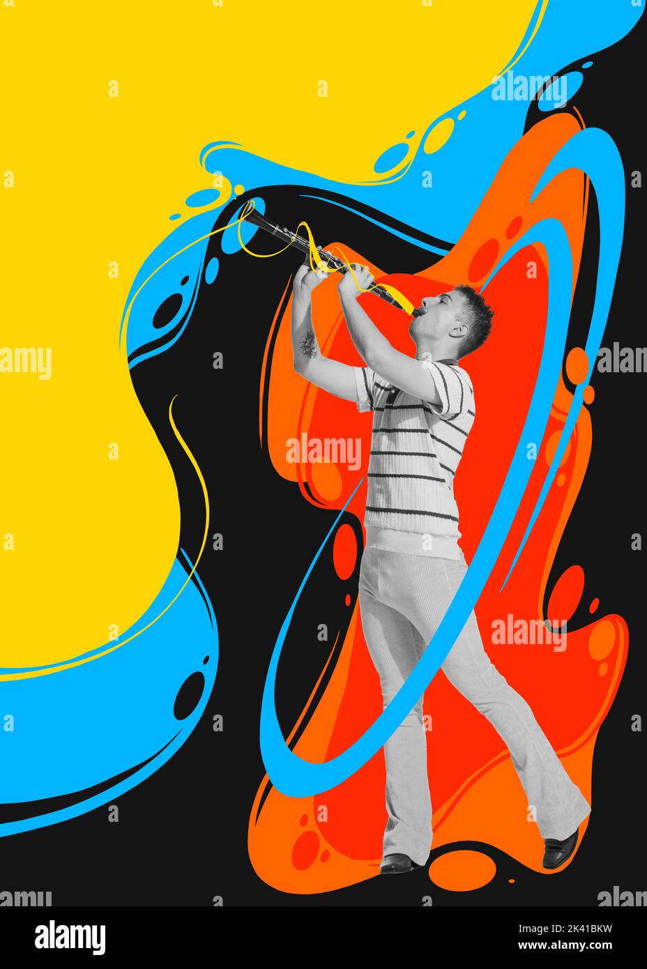 Contemporary art collage. Young man in retro clothes playing clarinet ...