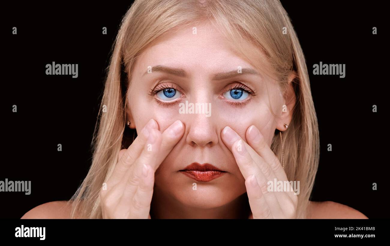 Second chin, obesity. Portrait of a 30-year-old woman pulling back the ...