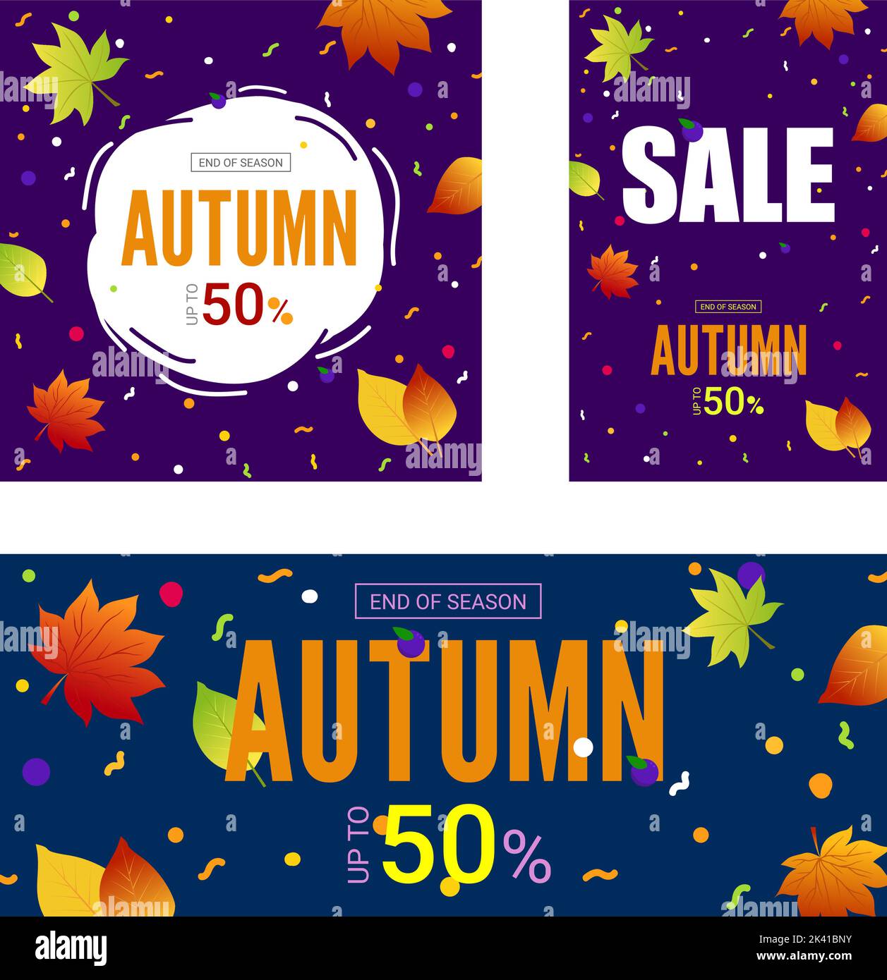 Set banners - Sale Autumn with fall leaves. on dark blue background ...