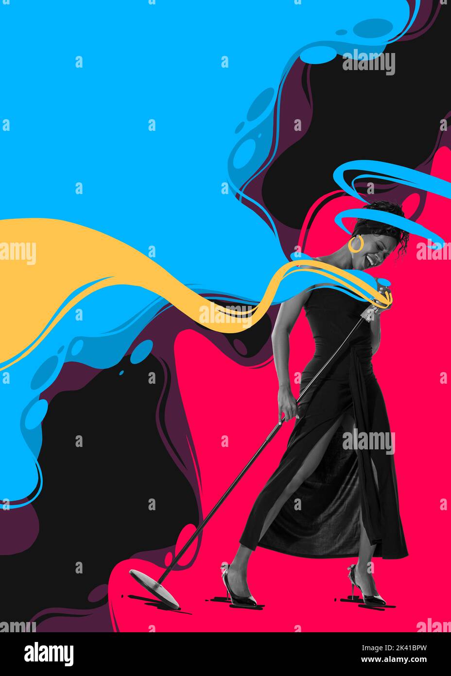 Contemporary art collage. Expressive female african singer performing ...