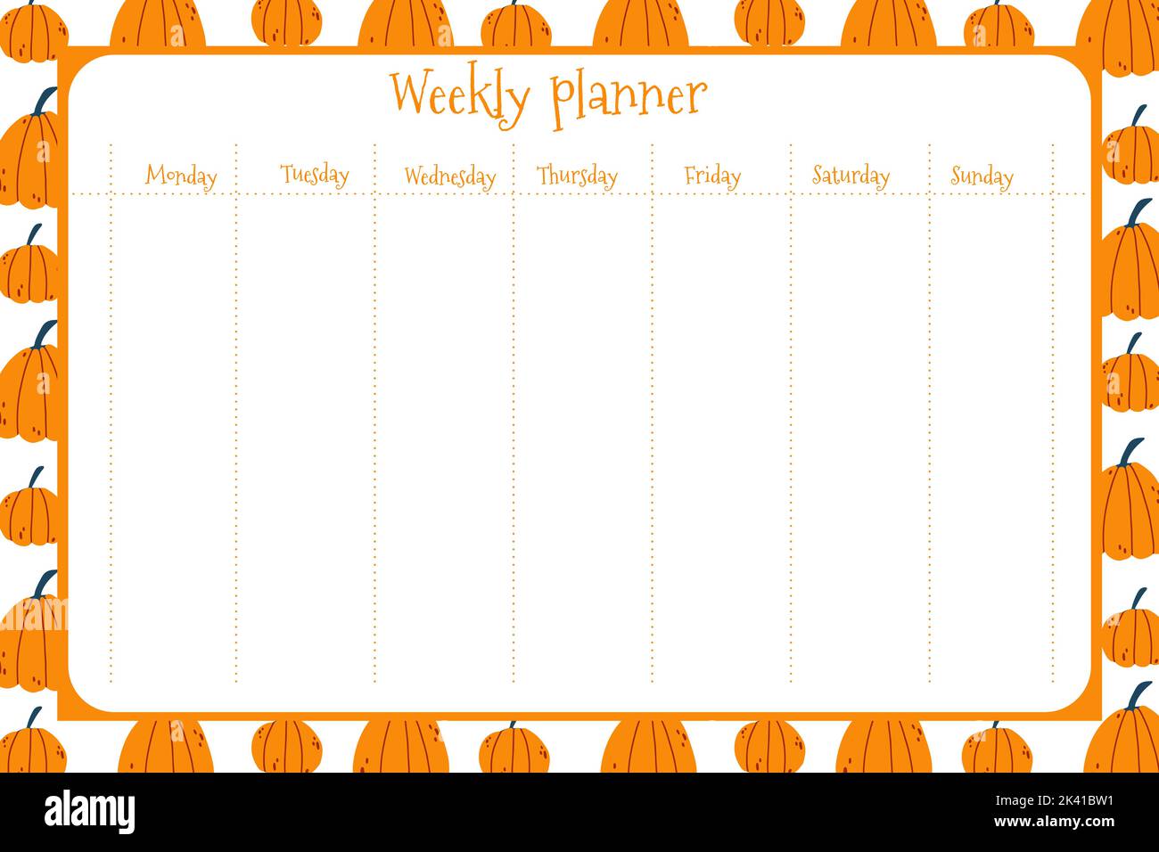 Weekly planner for kids with hand drawn pumpkin background in cartoon ...