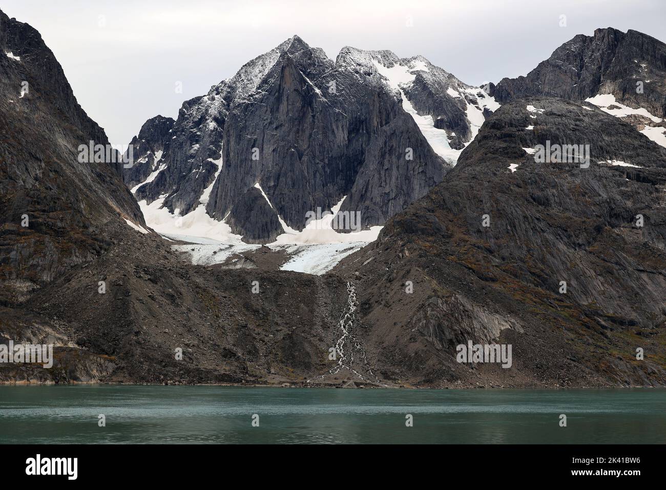 Mountain range in a bay of the Kangerlussuaq fjord Greenland, Denmark ...