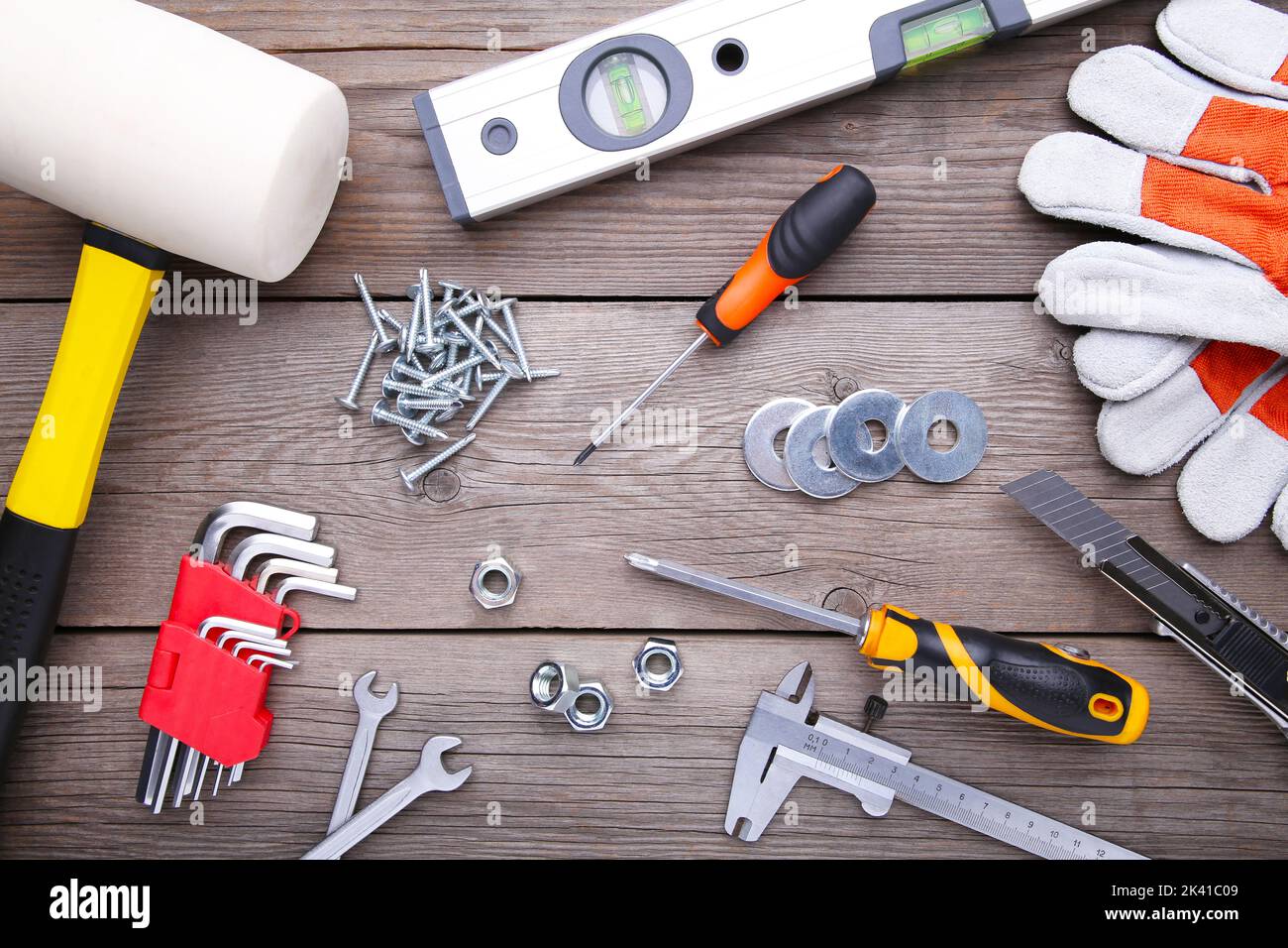 Construction tools on a worker desk, top view Stock Photo - Alamy